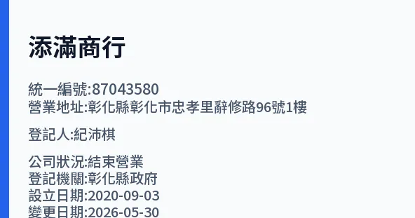 添滿商行的照片-統編 87043580(彰化縣) 公司登記資料與營業項目詳細圖表