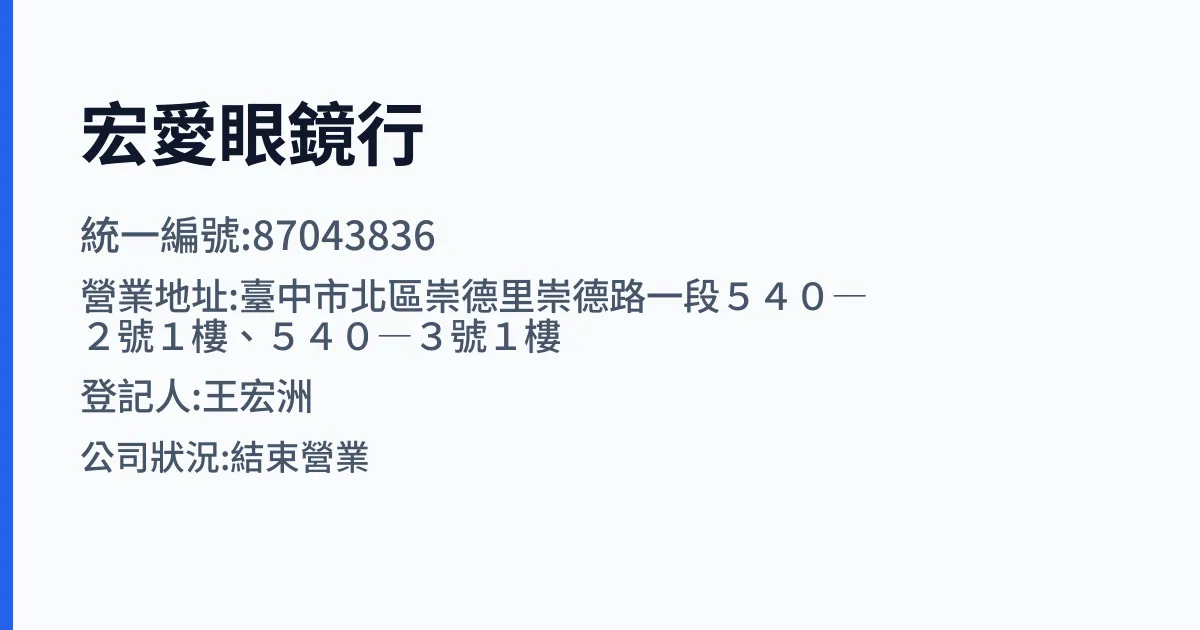 宏愛眼鏡行 - 統編 87043836(臺中市) 公司登記資料與營業項目詳細圖表