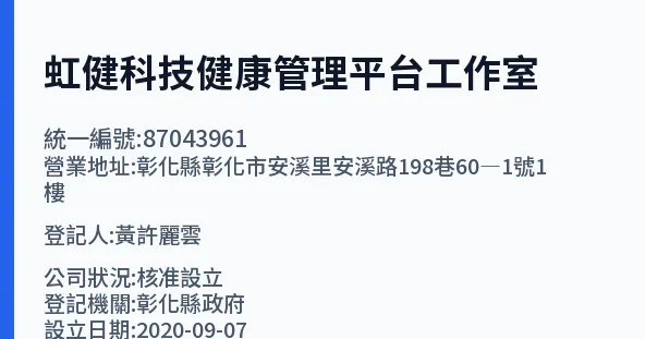 虹健科技健康管理平台工作室的照片-統編 87043961(彰化縣) 公司登記資料與營業項目詳細圖表