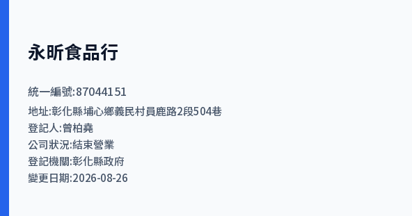 永昕食品行的照片-統編 87044151(彰化縣) 公司登記資料與營業項目詳細圖表