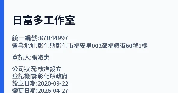 日富多工作室的照片-統編 87044997(彰化縣) 公司登記資料與營業項目詳細圖表