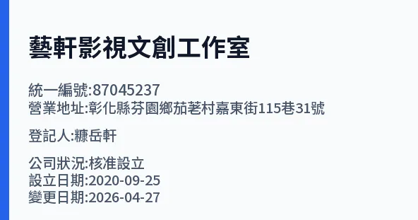 藝軒影視文創工作室的照片-統編 87045237(彰化縣) 公司登記資料與營業項目詳細圖表