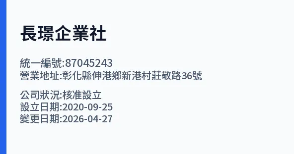 長璟企業社的照片-統編 87045243(彰化縣) 公司登記資料與營業項目詳細圖表