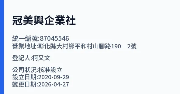 冠美興企業社的照片-統編 87045546(彰化縣) 公司登記資料與營業項目詳細圖表