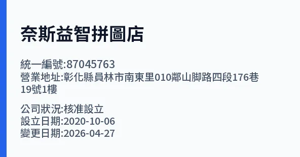 奈斯益智拼圖店的照片-統編 87045763(彰化縣) 公司登記資料與營業項目詳細圖表