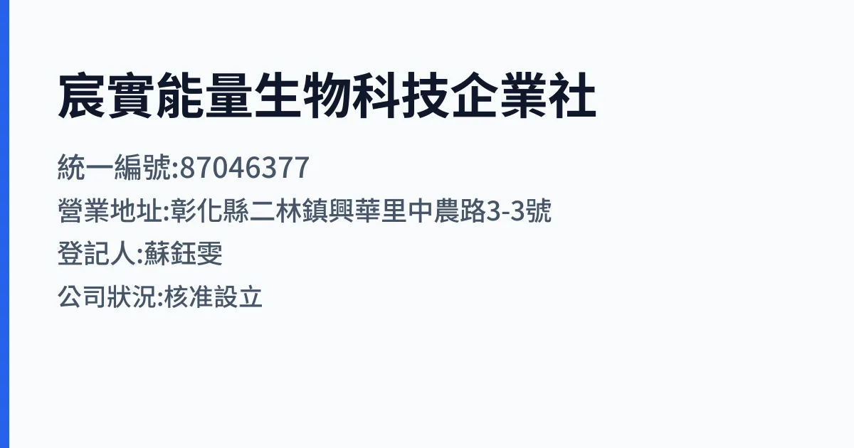 宸實能量生物科技企業社 - 統編 87046377(彰化縣) 公司登記資料與營業項目詳細圖表