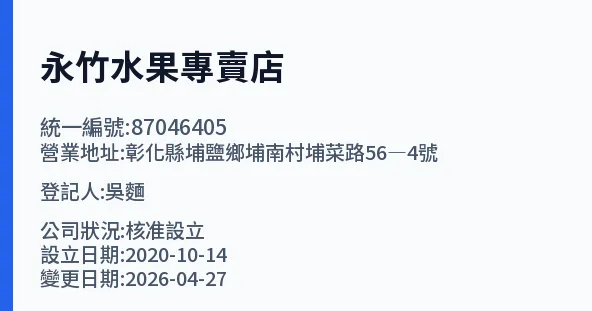 永竹水果專賣店的照片-統編 87046405(彰化縣) 公司登記資料與營業項目詳細圖表