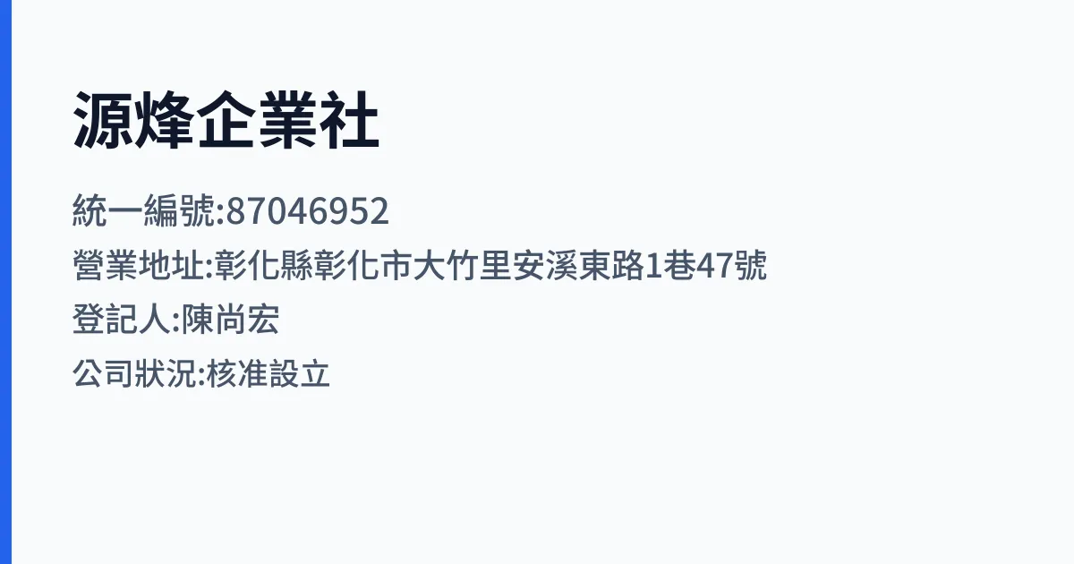 源烽企業社 - 統編 87046952(彰化縣) 公司登記資料與營業項目詳細圖表