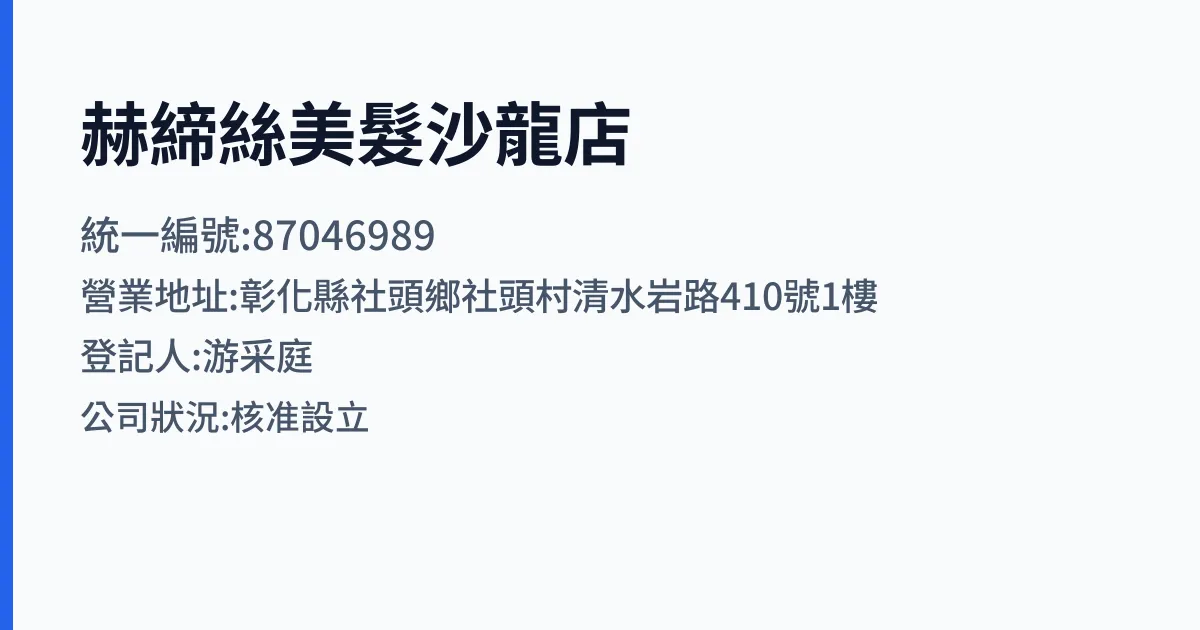 赫締絲美髮沙龍店 - 統編 87046989（彰化縣） 公司登記資料與營業項目詳細圖表