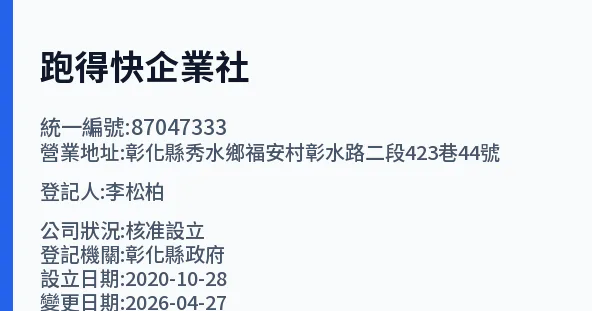 跑得快企業社的照片-統編 87047333(彰化縣) 公司登記資料與營業項目詳細圖表