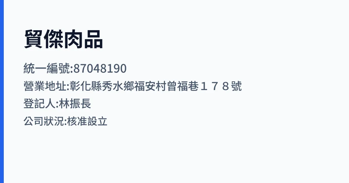 貿傑肉品 - 統編 87048190(彰化縣) 公司登記資料與營業項目詳細圖表