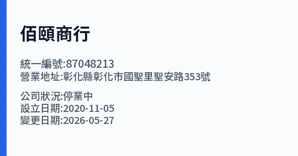 佰頤商行的照片-統編 87048213(彰化縣) 公司登記資料與營業項目詳細圖表