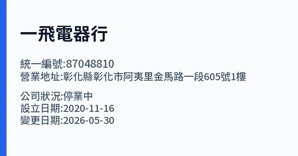 一飛電器行的照片-統編 87048810(彰化縣) 公司登記資料與營業項目詳細圖表