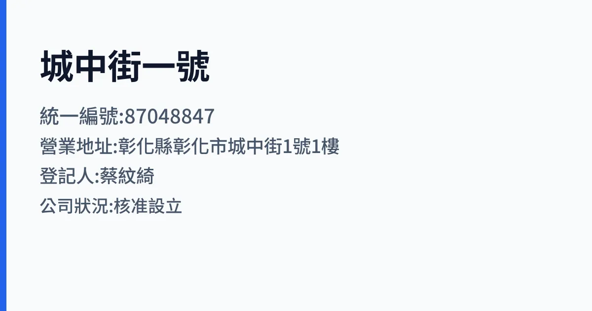城中街一號 - 統編 87048847(彰化縣) 公司登記資料與營業項目詳細圖表