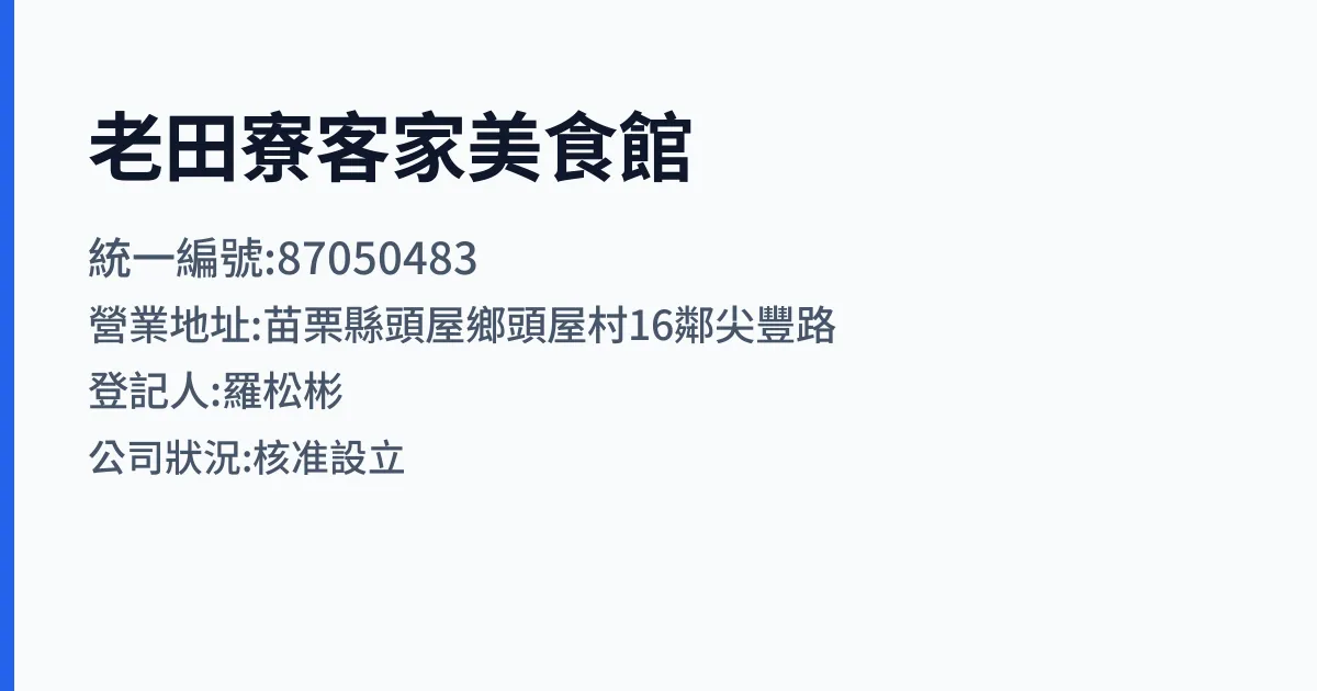 老田寮客家美食館 - 統編 87050483(苗栗縣) 公司登記資料與營業項目詳細圖表