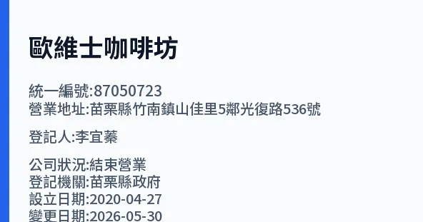 歐維士咖啡坊的照片-統編 87050723(苗栗縣) 公司登記資料與營業項目詳細圖表