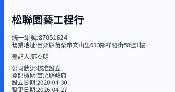 松聯園藝工程行的照片-統編 87051624(苗栗縣) 公司登記資料與營業項目詳細圖表