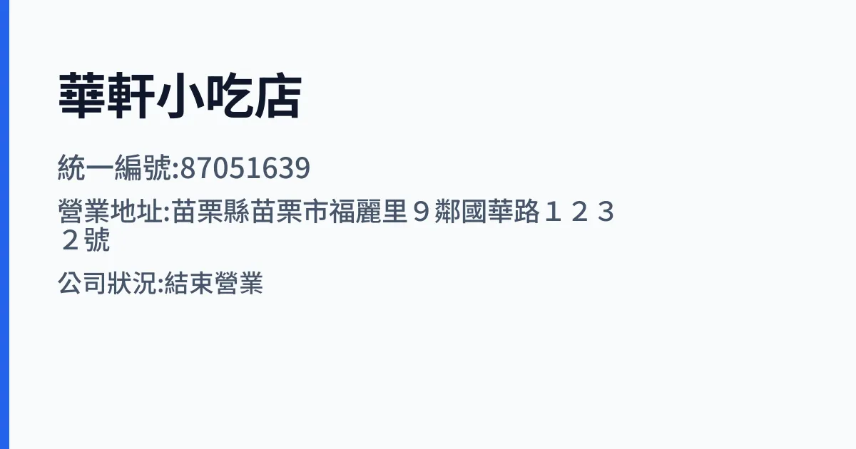 華軒小吃店 - 統編 87051639(苗栗縣) 公司登記資料與營業項目詳細圖表