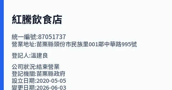 紅騰飲食店的照片-統編 87051737(苗栗縣) 公司登記資料與營業項目詳細圖表