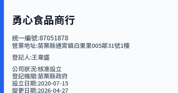 勇心食品商行的照片-統編 87051878(苗栗縣) 公司登記資料與營業項目詳細圖表