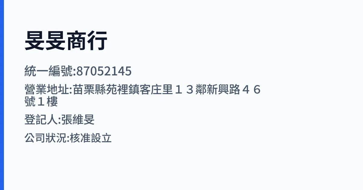旻旻商行 - 統編 87052145(苗栗縣) 公司登記資料與營業項目詳細圖表