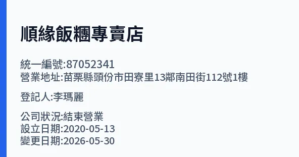 順緣飯糰專賣店的照片-統編 87052341(苗栗縣) 公司登記資料與營業項目詳細圖表