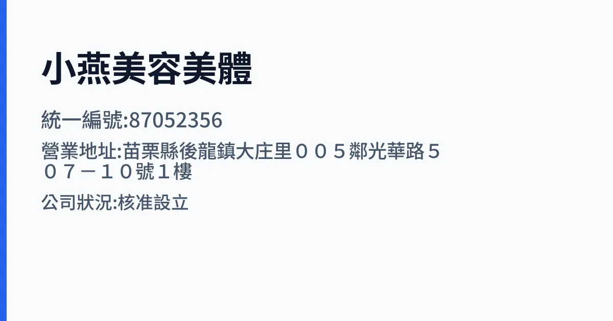 小燕美容美體 - 統編 87052356(苗栗縣) 公司登記資料與營業項目詳細圖表