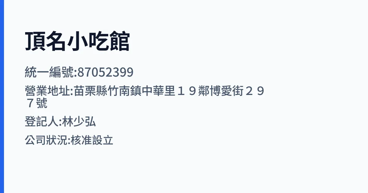 頂名小吃館 - 統編 87052399（苗栗縣） 公司登記資料與營業項目詳細圖表