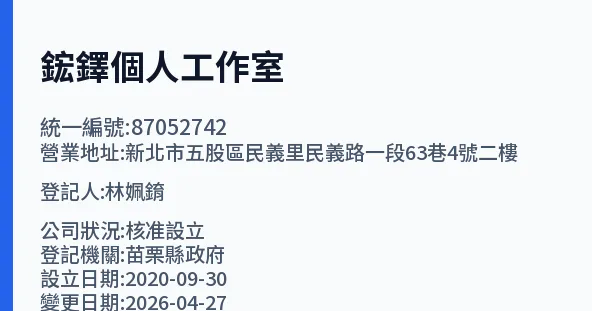 鋐鐸個人工作室的照片-統編 87052742(新北市) 公司登記資料與營業項目詳細圖表
