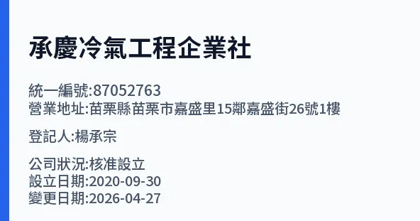 承慶冷氣工程企業社的照片-統編 87052763(苗栗縣) 公司登記資料與營業項目詳細圖表
