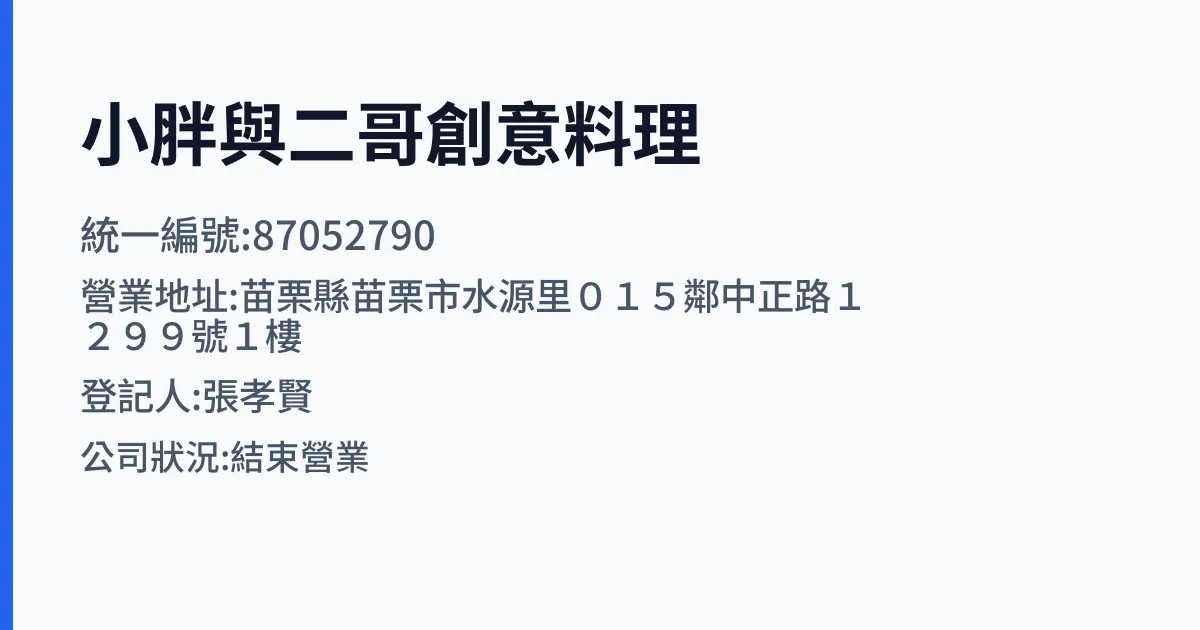 小胖與二哥創意料理 - 統編 87052790(苗栗縣) 公司登記資料與營業項目詳細圖表