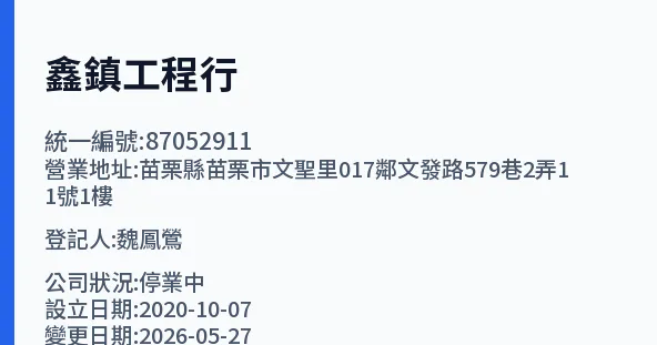 鑫鎮工程行的照片-統編 87052911(苗栗縣) 公司登記資料與營業項目詳細圖表