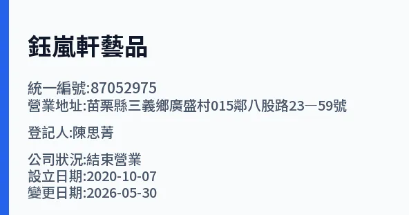 鈺嵐軒藝品的照片-統編 87052975(苗栗縣) 公司登記資料與營業項目詳細圖表