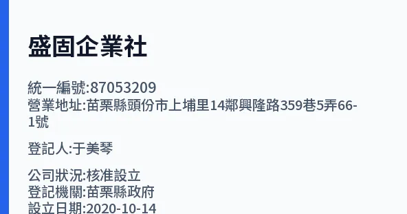 盛固企業社的照片-統編 87053209(苗栗縣) 公司登記資料與營業項目詳細圖表