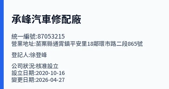 承峰汽車修配廠的照片-統編 87053215(苗栗縣) 公司登記資料與營業項目詳細圖表