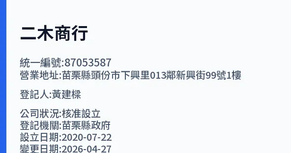 二木商行的照片-統編 87053587(苗栗縣) 公司登記資料與營業項目詳細圖表