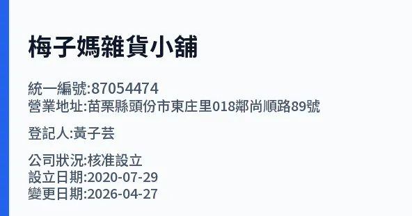 梅子媽雜貨小舖的照片-統編 87054474(苗栗縣) 公司登記資料與營業項目詳細圖表