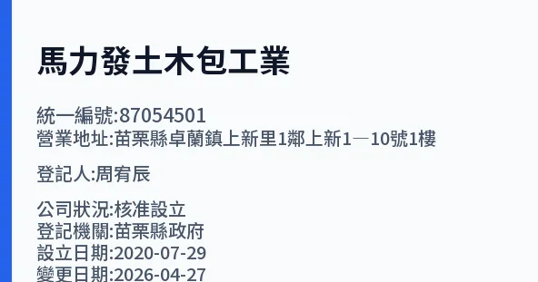 馬力發土木包工業的照片-統編 87054501(苗栗縣) 公司登記資料與營業項目詳細圖表