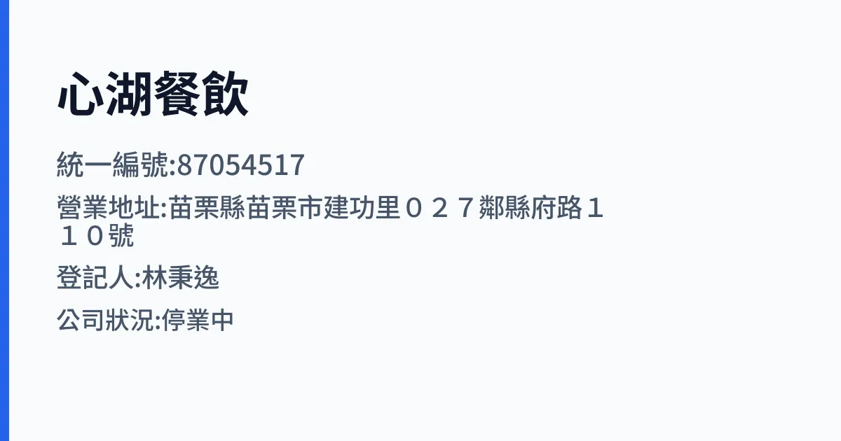 心湖餐飲 - 統編 87054517(苗栗縣) 公司登記資料與營業項目詳細圖表