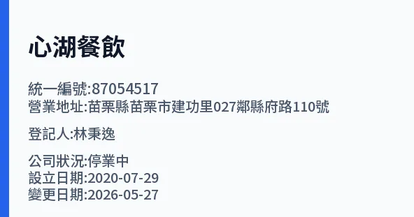 心湖餐飲的照片-統編 87054517(苗栗縣) 公司登記資料與營業項目詳細圖表