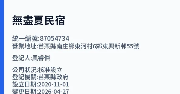 無盡夏民宿的照片-統編 87054734(苗栗縣) 公司登記資料與營業項目詳細圖表