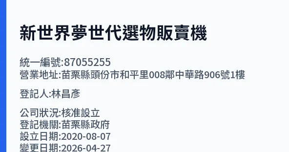 新世界夢世代選物販賣機的照片-統編 87055255(苗栗縣) 公司登記資料與營業項目詳細圖表