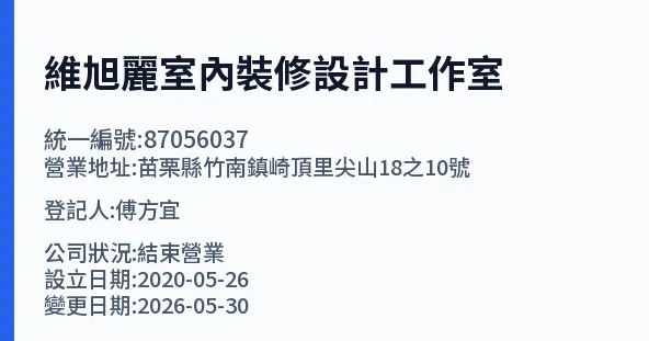 維旭麗室內裝修設計工作室的照片-統編 87056037(苗栗縣) 公司登記資料與營業項目詳細圖表