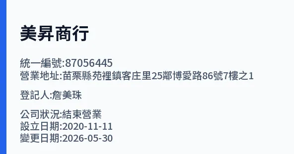 美昇商行的照片-統編 87056445(苗栗縣) 公司登記資料與營業項目詳細圖表