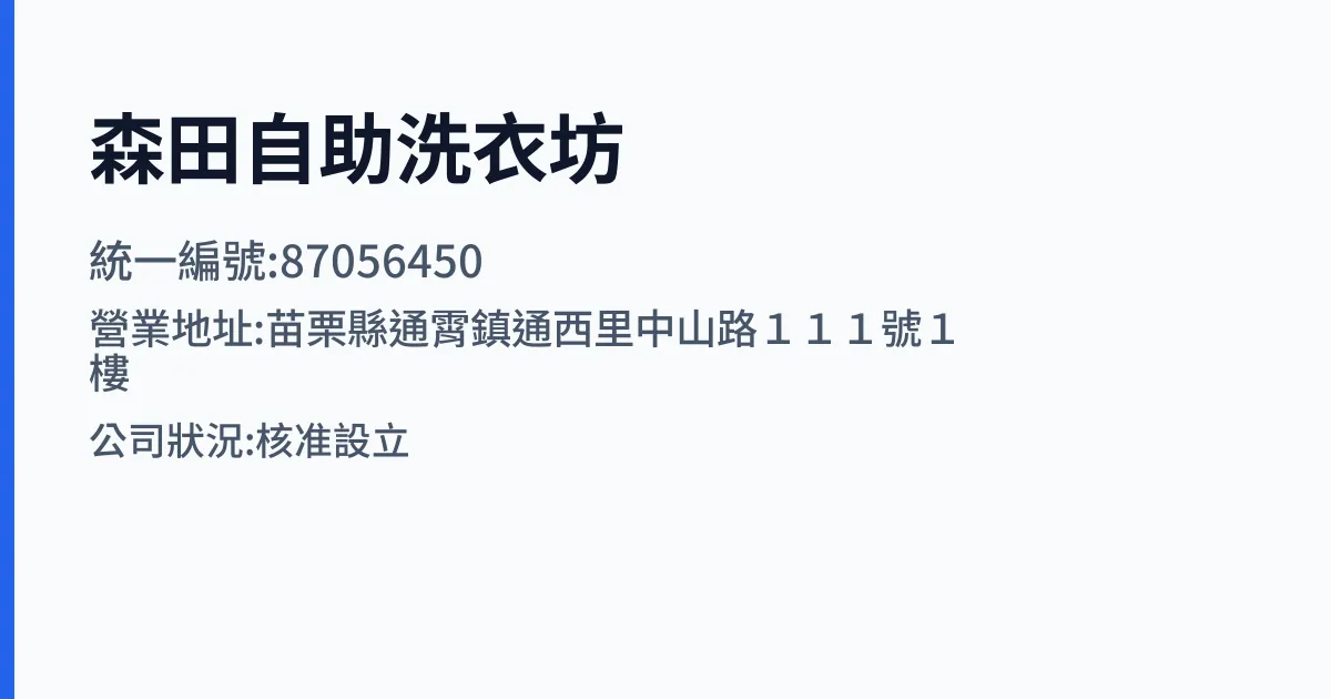 森田自助洗衣坊 - 統編 87056450(苗栗縣) 公司登記資料與營業項目詳細圖表