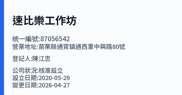 速比樂工作坊的照片-統編 87056542(苗栗縣) 公司登記資料與營業項目詳細圖表