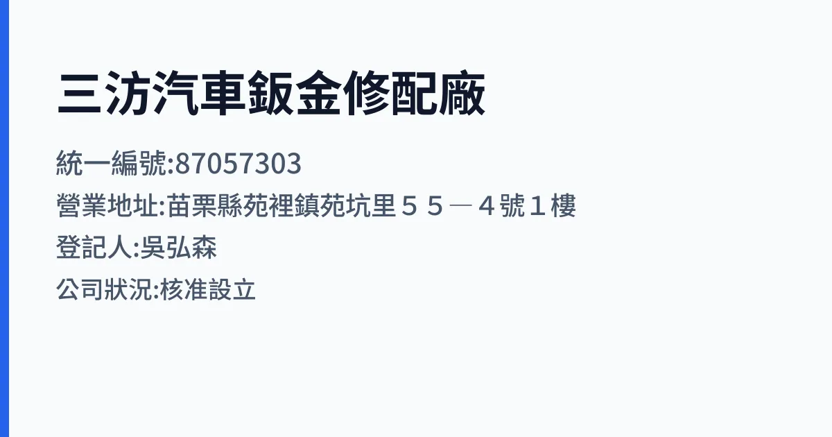 三汸汽車鈑金修配廠 - 統編 87057303(苗栗縣) 公司登記資料與營業項目詳細圖表