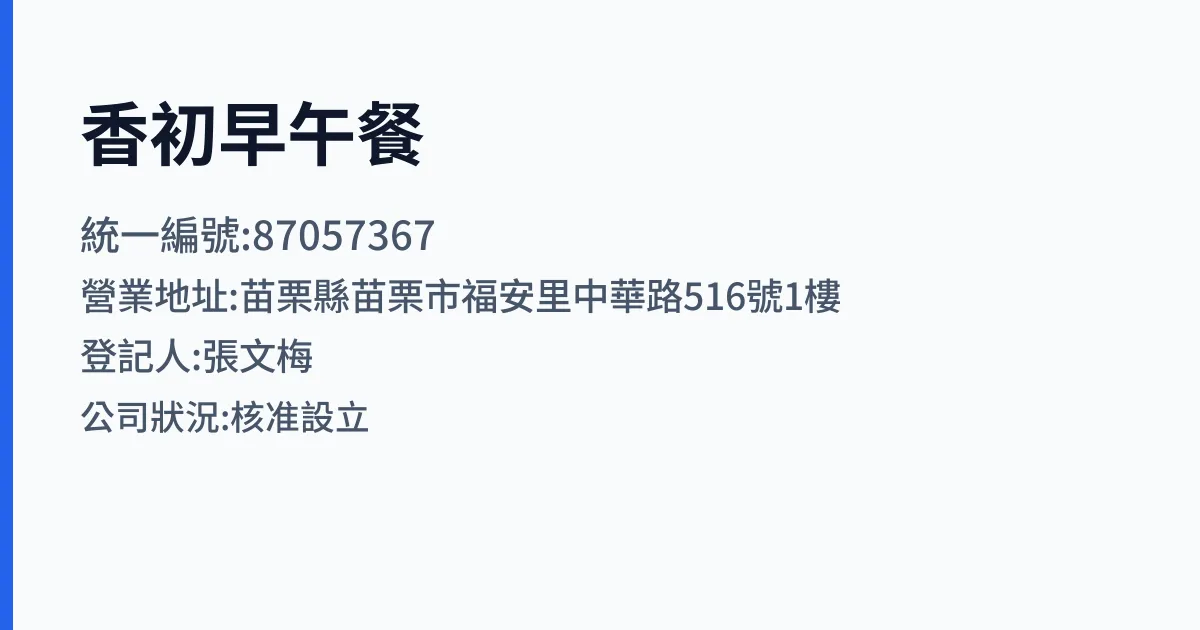 香初早午餐 - 統編 87057367(苗栗縣) 公司登記資料與營業項目詳細圖表