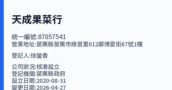 天成果菜行的照片-統編 87057541(苗栗縣) 公司登記資料與營業項目詳細圖表