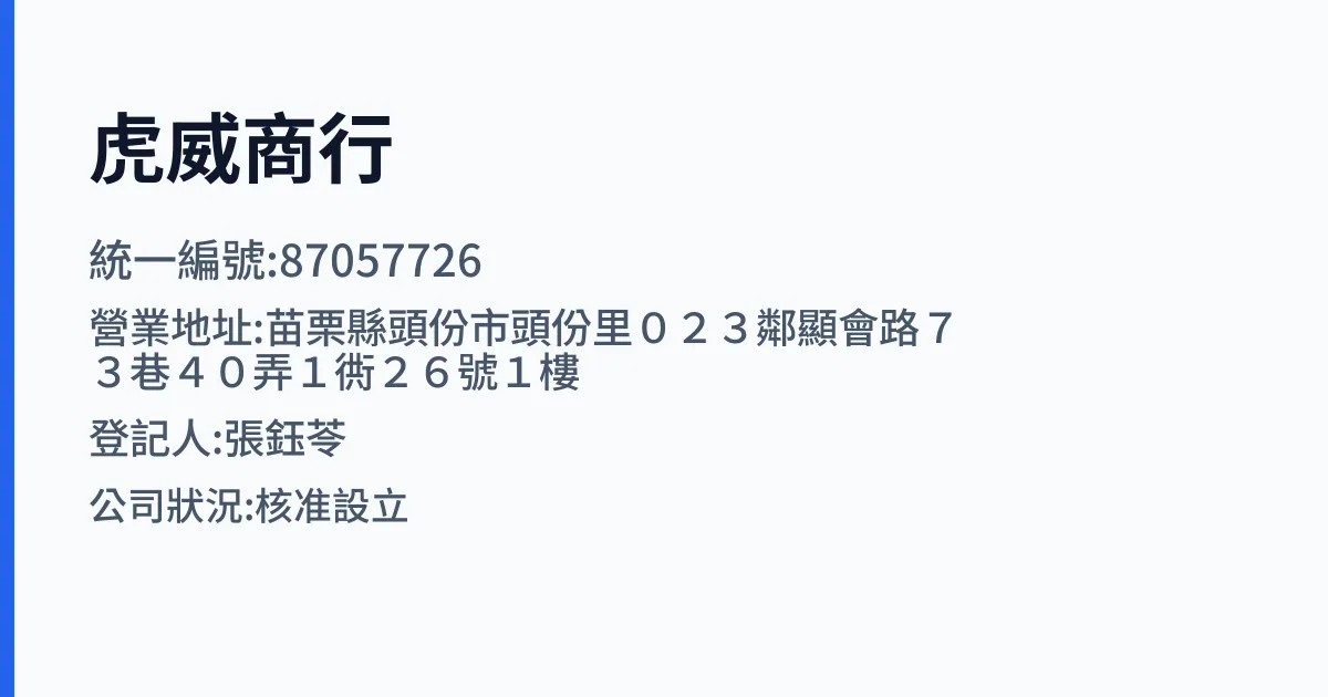 虎威商行 - 統編 87057726(苗栗縣) 公司登記資料與營業項目詳細圖表